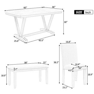 6 Piece Dining Table Set, Modern Style 6-Person Dining Table with 4 Upholstered Chairs & a Bench, Wood Kitchen Table Set for 6 Persons, White +Black