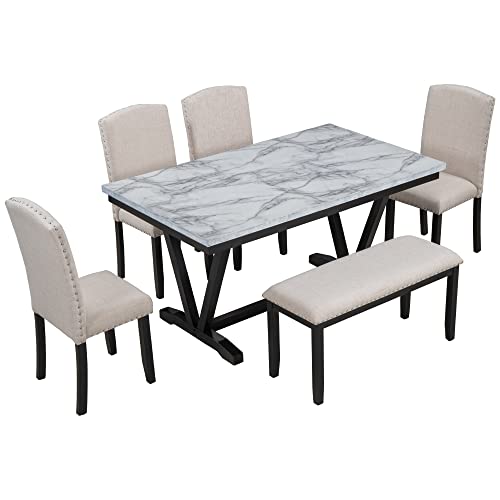 6 Piece Dining Table Set, Modern Style 6-Person Dining Table with 4 Upholstered Chairs & a Bench, Wood Kitchen Table Set for 6 Persons, White +Black