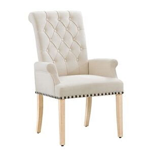 loulens fabric dining chairs, upholstered tufted armrest chairs, accent chairs with nailhead trim, solid wood legs for home, kitchen living room, beige