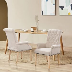 LOULENS Fabric Dining Chairs, Upholstered Tufted Armrest Chairs, Accent Chairs with Nailhead Trim, Solid Wood Legs for Home, Kitchen Living Room, Beige