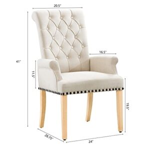 LOULENS Fabric Dining Chairs, Upholstered Tufted Armrest Chairs, Accent Chairs with Nailhead Trim, Solid Wood Legs for Home, Kitchen Living Room, Beige