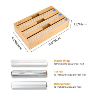 Bamboo Foil and Wrap Dispenser with Slide Cutter, 3 in 1 Plastic Wrap, Aluminum Foil and Wax Paper Organizer Holder Bamboo Tin Foil Roll Dispenser for Kitchen Drawer Compatible with 12 Inches Roll