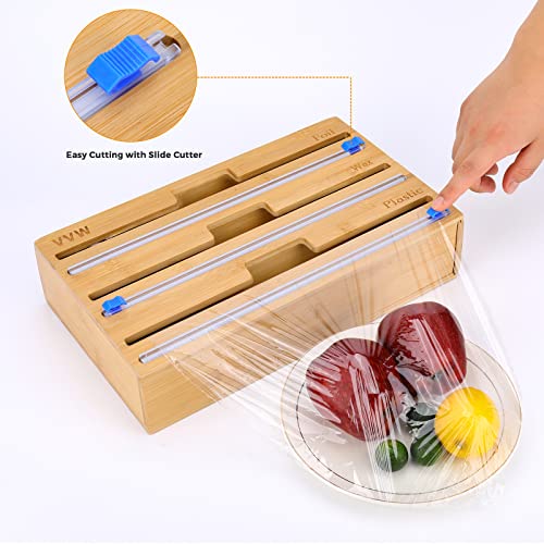 Bamboo Foil and Wrap Dispenser with Slide Cutter, 3 in 1 Plastic Wrap, Aluminum Foil and Wax Paper Organizer Holder Bamboo Tin Foil Roll Dispenser for Kitchen Drawer Compatible with 12 Inches Roll