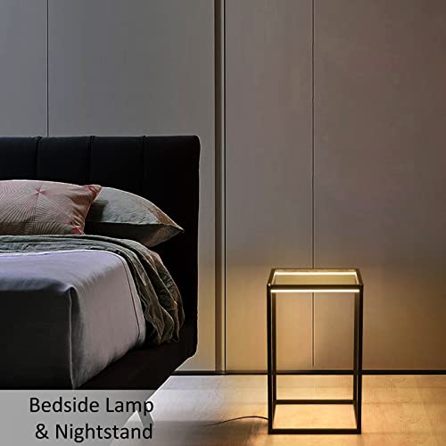 Huaguang LED End Table with Lamp, Bedside Nightstand Coffee Table Decorative Floor Corner Lamp Shelf, Black Geometric Rectangle Metal Desk Lamp Simple Design for Living Bedroom Home Office Study Room