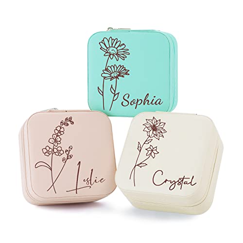 Bridesmaid Gifts Jewelry Box Personalized Small Jewelry Travel Case Custom PU Leather Portable Bridesmaid Proposal Boxes Mini Jewellery Organizer Storage Earrings Rings Necklaces for Women Girls-Pink