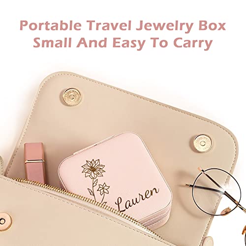 Bridesmaid Gifts Jewelry Box Personalized Small Jewelry Travel Case Custom PU Leather Portable Bridesmaid Proposal Boxes Mini Jewellery Organizer Storage Earrings Rings Necklaces for Women Girls-Pink