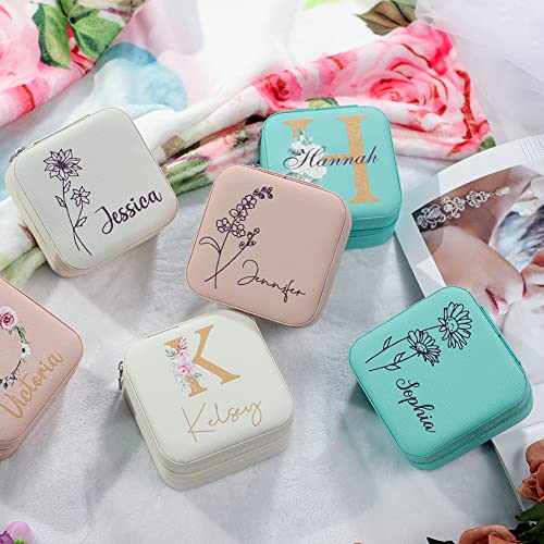 Bridesmaid Gifts Jewelry Box Personalized Small Jewelry Travel Case Custom PU Leather Portable Bridesmaid Proposal Boxes Mini Jewellery Organizer Storage Earrings Rings Necklaces for Women Girls-Pink