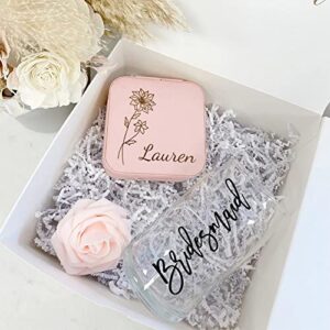 Bridesmaid Gifts Jewelry Box Personalized Small Jewelry Travel Case Custom PU Leather Portable Bridesmaid Proposal Boxes Mini Jewellery Organizer Storage Earrings Rings Necklaces for Women Girls-Pink