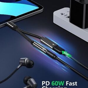 Pixel Galaxy Headphone Adapter, 2 in 1 USB C to 3.5mm Audio and Charging Adapter with PD 60W Fast Charge Compatible with Samsung S22 S21 S20 S20+ Ultra Note 10 20 Ultra, Google 7 6Pro 5 4 XL 3 XL 2XL