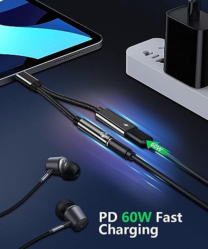 Pixel Galaxy Headphone Adapter, 2 in 1 USB C to 3.5mm Audio and Charging Adapter with PD 60W Fast Charge Compatible with Samsung S22 S21 S20 S20+ Ultra Note 10 20 Ultra, Google 7 6Pro 5 4 XL 3 XL 2XL