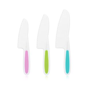 defutay kids knife set, 3pc nylon kitchen baking knife set bpa-free kids' knives - firm grip, serrated edges - kids safe cooking knives for real cooking & cutting fruit, bread, lettuce (multicolor 1)