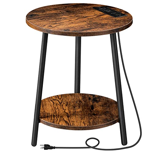 HOOBRO End Table with Charging Station, 2-Tier Round Side Table with Wooden Shelves, Modern Farmhouse Small Accent Table for Living Room Bedroom, Small Spaces, Rustic Brown and Black BF671BZ01