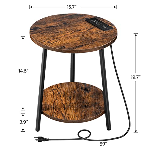 HOOBRO End Table with Charging Station, 2-Tier Round Side Table with Wooden Shelves, Modern Farmhouse Small Accent Table for Living Room Bedroom, Small Spaces, Rustic Brown and Black BF671BZ01