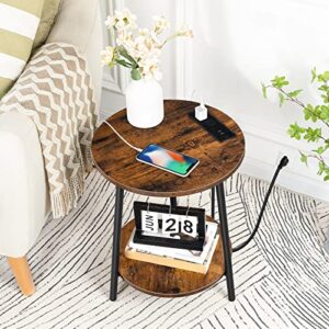 HOOBRO End Table with Charging Station, 2-Tier Round Side Table with Wooden Shelves, Modern Farmhouse Small Accent Table for Living Room Bedroom, Small Spaces, Rustic Brown and Black BF671BZ01