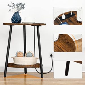 HOOBRO End Table with Charging Station, 2-Tier Round Side Table with Wooden Shelves, Modern Farmhouse Small Accent Table for Living Room Bedroom, Small Spaces, Rustic Brown and Black BF671BZ01