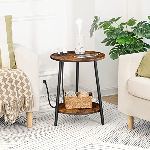 HOOBRO End Table with Charging Station, 2-Tier Round Side Table with Wooden Shelves, Modern Farmhouse Small Accent Table for Living Room Bedroom, Small Spaces, Rustic Brown and Black BF671BZ01