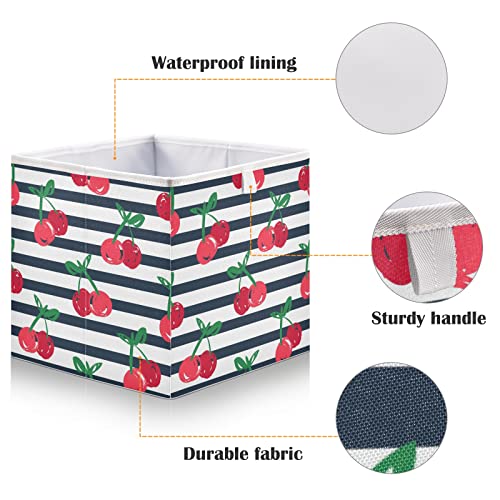 Poeticcity Seamless Red Cherries with Green Leaves on Black White Stripes Square Storage Basket Bin, Collapsible Storage Box, Foldable Nursery Baskets Organizer for Toy, Clothes Easy to Assemble