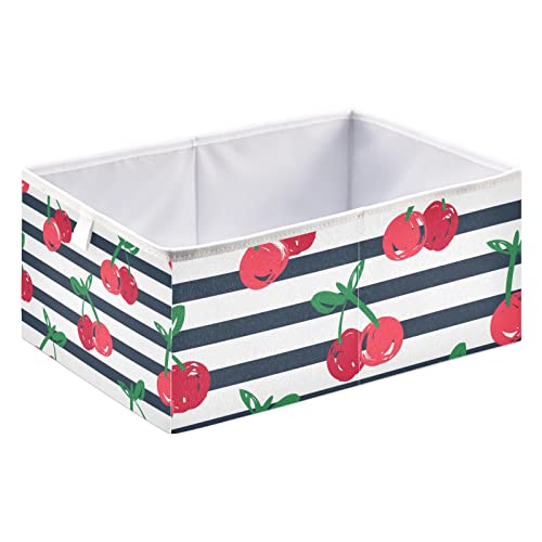 Poeticcity Seamless Red Cherries with Green Leaves on Black White Stripes Square Storage Basket Bin, Collapsible Storage Box, Foldable Nursery Baskets Organizer for Toy, Clothes Easy to Assemble