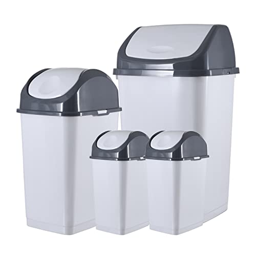 Superio Swing Top Trash Can, Waste Bin for Home, Kitchen, Office, Bedroom, Bathroom, Ideal for Large and Small Spaces - White Smoke (4 Pack- 2.5 Gal, 9 Gal, 13 Gal)