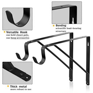 Closet Rod Bracket, Heavy Duty Shelf Bracket with Rod Holder, 11x 10 inch Black Closet Rod Support Wall Mounted Clothes Hanger Pole Support Hooks, 2 Pack