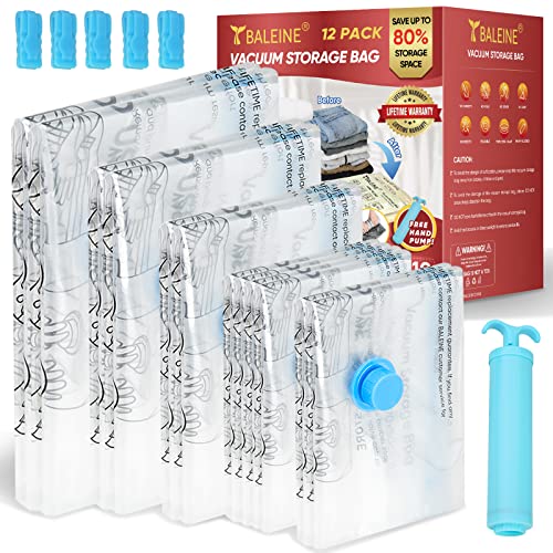 BALEINE Vacuum Storage Bag Space Saving Compression Sealer Bags for Moving, Hand Pump Included (Combo 12 Pack)