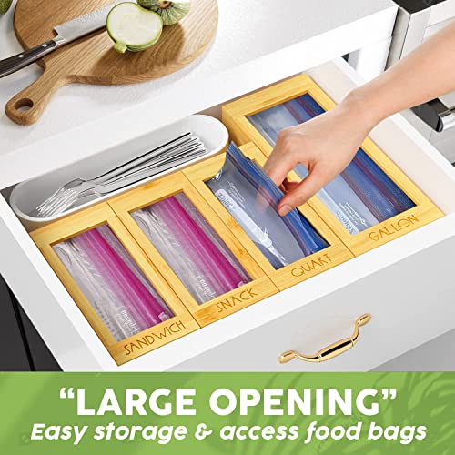 Bag Storage Organizer for Kitchen Drawer, Bambo Food Storage Bags Organizer Holder, Compatible with Quart, Sandwich and Ziplock Gallon, Snack Variety Size Bag (4 Pack)