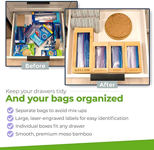 Bag Storage Organizer for Kitchen Drawer, Bambo Food Storage Bags Organizer Holder, Compatible with Quart, Sandwich and Ziplock Gallon, Snack Variety Size Bag (4 Pack)