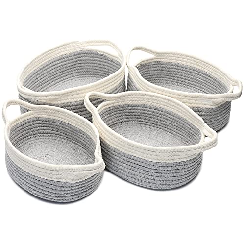 Lovelyduo Woven Storage Baskets 4-Piece, Natural Cotton Rope Basket for Baby Nursery Basket, Cat Dog Toys Basket, Bathroom Organizing Baskets, Empty Decorative Gift Basket Oval White Grey