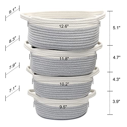 Lovelyduo Woven Storage Baskets 4-Piece, Natural Cotton Rope Basket for Baby Nursery Basket, Cat Dog Toys Basket, Bathroom Organizing Baskets, Empty Decorative Gift Basket Oval White Grey