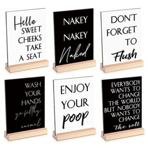 6 pieces funny bathroom signs wooden humor sayings restroom decor mini bathroom signs decor with base stand rustic bathroom farmhouse decor for home shelf bath tiered tray table housewarming gifts