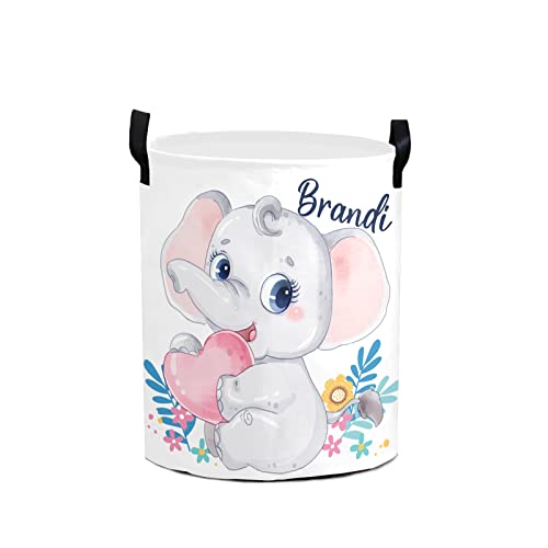 Personalized Cute Elephant Laundry Basket with Name Waterproof Foldable Storage Bin for Bathroom Home Office Cloth