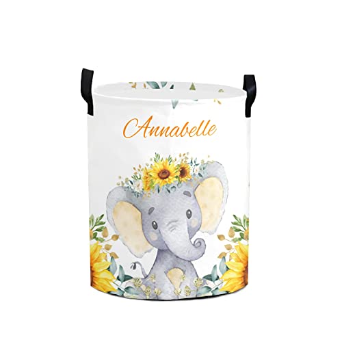 Sunflower Elephant Personalized Waterproof Foldable Laundry Basket Bag with Handle, Custom Collapsible Clothes Hamper Storage Bin for Toys Laundry Dorm Travel Bathroom