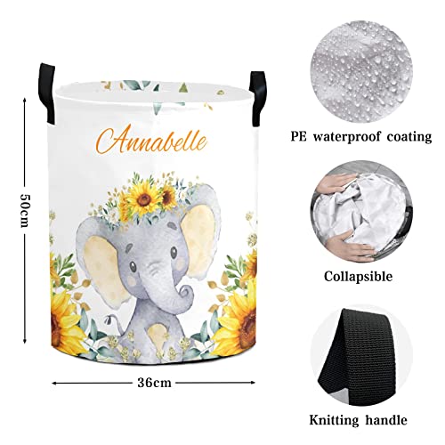 Sunflower Elephant Personalized Waterproof Foldable Laundry Basket Bag with Handle, Custom Collapsible Clothes Hamper Storage Bin for Toys Laundry Dorm Travel Bathroom