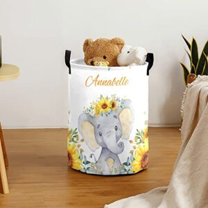 Sunflower Elephant Personalized Waterproof Foldable Laundry Basket Bag with Handle, Custom Collapsible Clothes Hamper Storage Bin for Toys Laundry Dorm Travel Bathroom