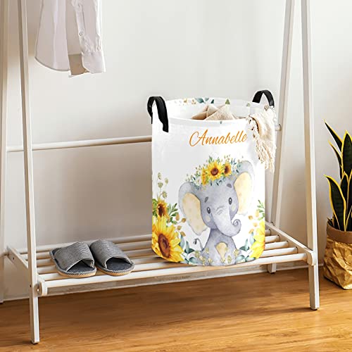 Sunflower Elephant Personalized Waterproof Foldable Laundry Basket Bag with Handle, Custom Collapsible Clothes Hamper Storage Bin for Toys Laundry Dorm Travel Bathroom