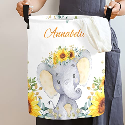 Sunflower Elephant Personalized Waterproof Foldable Laundry Basket Bag with Handle, Custom Collapsible Clothes Hamper Storage Bin for Toys Laundry Dorm Travel Bathroom