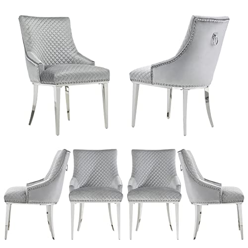 AZhome Dining Chairs, Silver Gray Velvet Upholstered Dining Room Chairs with Silver Metal Legs, Heavy Duty Dining Chair Set of 6