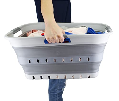 SAMMART 42L (11 gallon) Collapsible Plastic Laundry Basket - Foldable Pop Up Storage Container/Organizer - Portable Washing Tub - Space Saving Hamper/Basket (Grey/Dark Grey)