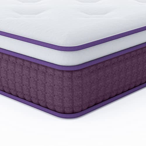 REGOSS 12 Inch Innerspring Hybrid Mattress, Motion Isolation Individually Wrapped Pocket Coils Mattress, Queen Size Mattress in a Box, Foam and Spring Mattress for Pressure Relief, Purple