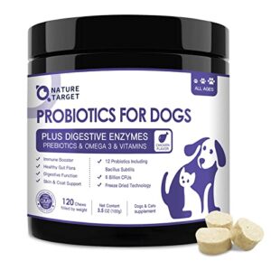 probiotics for dogs, 6 billion cfus, freeze dried dog probiotics with prebiotics and digestive enzymes, vitamins and omega 3, for gut & skin & immune health, allergy itch relief, reduce diarrhea, gas