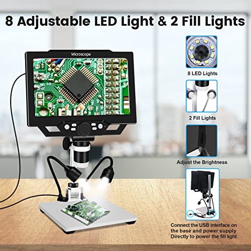 9 inch LCD Digital USB Microscope with 32G TF Card, Micsci 12MP Coin Microscope with Screen Handheld Video Camera, PC View,10" Stand,5000 mAh Rechargeable Battery,for Coins Soldering