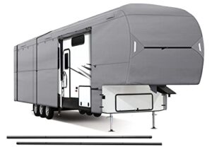 xgear easy setup 29' -33' 5th wheel rv cover windproof 5th wheel cover, extra 5-layer top roof for max weather protection, grey ( grey/easy setup w 4 tire covers and kits)