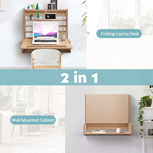 Foldable Wall Desk,Wooden Wall Computer Desk with Adjustable Shelves, Wall Mounted Folding Table with Storage for Small Spaces, Space Saving Floating Corner Desk, Wall Table(White)