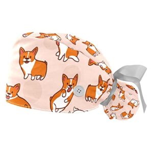 pink corgis dog scrub hats for women long hair, working cap with button & sweatband, unisex tie back hats 2 packs