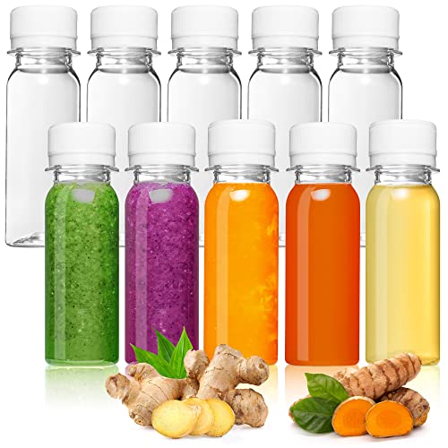 Norcalway 2 Oz Small Plastic Bottles for Liquids - Ginger Shot with Caps, Wellness Juice Freezer Safe, Leak Proof, Food Grade 10 Pack