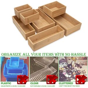 KOOHOAMZ 8 Pcs Bamboo drawer Organizer Storage Box, Bin Set - Multi-Use bamboo Drawer Organizer Storage boxes for Kitchen Utensils, Bathroom, Office Desk, Makeup(8 Boxes)