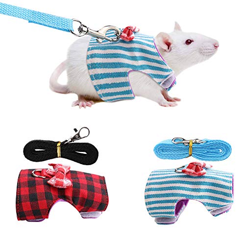 2PCs Small Pet Harness with Bowknot and Bell Decor, No Pulling Comfort Padded Vest Guinea Pig Harness and Leash Set for Ferret, Rats, Iguana, Hamster (XS)