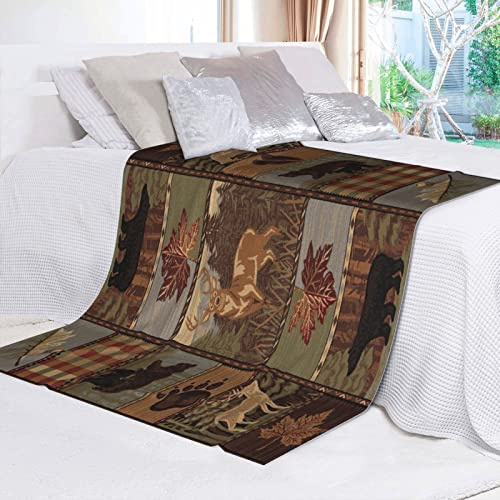 Country Style Rustic Cabin Wildlife Ultra-Soft Micro Fleece Throw Blanket,Lodge Bear Moose Deer,Custom Warm Lightweight Blanket for Couch Bed Living Room Bedroom Sofa 80"x60"