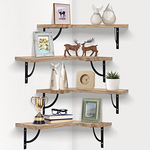 KOOHOAMZ Corner Floating Shelves Wall Mounted Set of 4,Corner Wall Shelf Rustic Wood Corner Floating Shelves for Bedroom, Living Room, Bathroom, Kitchen, Office -Floating Corner Storage Wood Shelves