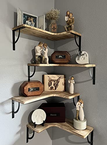 KOOHOAMZ Corner Floating Shelves Wall Mounted Set of 4,Corner Wall Shelf Rustic Wood Corner Floating Shelves for Bedroom, Living Room, Bathroom, Kitchen, Office -Floating Corner Storage Wood Shelves